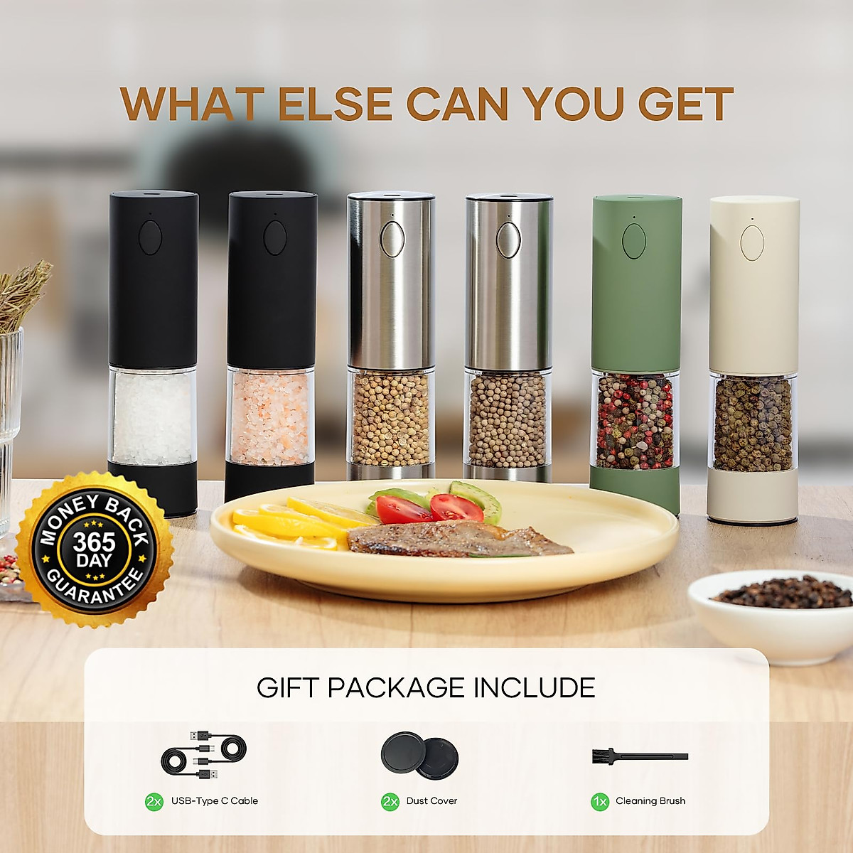OPIIV 2 Pack Electric Salt and Pepper Grinder Set - USB Rechargeable Automatic Salt Pepper Mill Shaker with LED Light, Adjustable Coarseness, One Hand Operation (Sage/Buttercream)