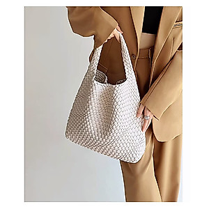 LMKIDS Women Vegan Leather Hand-Woven Tote Handbag Fashion Shoulder Top-handle Bag All-Match Underarm Bag with Purse (Beige)