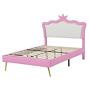 SOFTSEA Full Size Upholstered Bed with LED Lights, Princess Platform Bed for Girls, Adjustable Headboard with Crown, Wood Slats Support, No Box Spring Needed, Pink