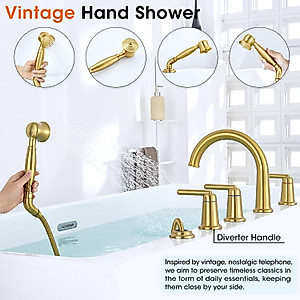 Wintap Roman Tub Faucet with Sprayer, 5 Hole Widespread Deck Mount Bathtub Faucet with Valve Classic High Arch Gooseneck Bath Tub Faucet Set with Diverter High Flow Tub Filler Brushed Gold WT-9809BG