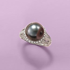 Ross-Simons 11-12mm Black Cultured Tahitian Pearl Ring With .20 ct. t.w. White Topaz in Sterling Silver. Size 6