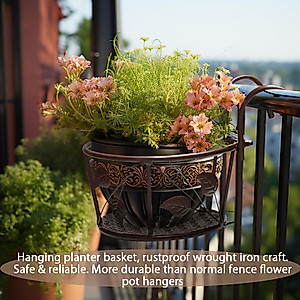 Neisrai Iron Art Metal Railing Flower Pot Hanging Basket for Indoor Pot Holder Hanger 3 Pack Outdoor Plants Perfect for Porches and Patio Decor Leaf Pattern (Black)