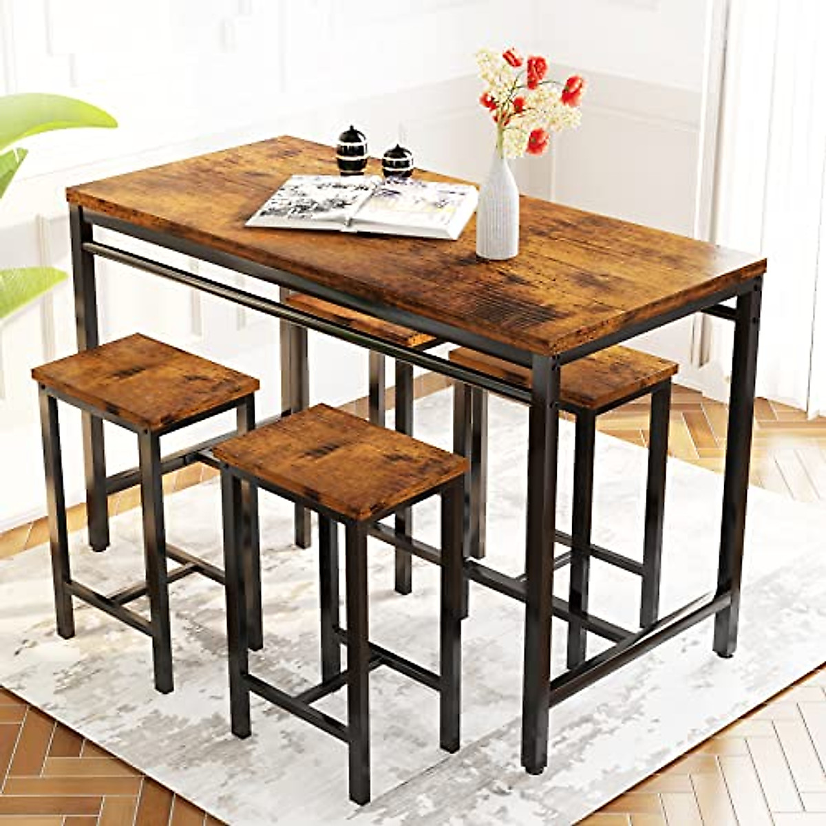 Lamerge Dining Bar Table Set for 4, Modern Counter Height Table and 4 Bar Stools, 5 Piece Bar Table and Chairs Set for Small Spaces, Apartment, Pub, Dining Room, Kitchen (Rustic Brown)