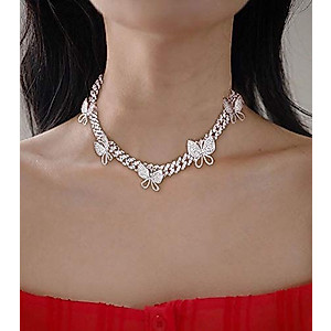 TOPGRILLZ 8mm/12mm 6 Times Plated Iced Out Spinner Charm Butterfly Cuban Link Choker Chain Necklace for Women Novelty Jewelry Gifts(12mm Rose Gold, 16)