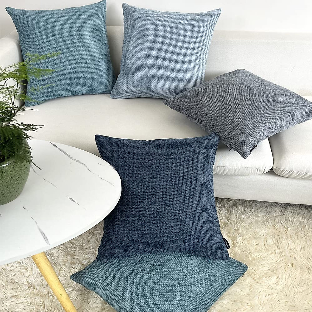 Booque Valley Pack of 2 Rough Chenille Pillow Covers，Thick Texture Solid Rustic Farmhouse Cushion Covers Square Throw Pillow Cases for Sofa Bedroom 18 x 18 Inch Light Blue