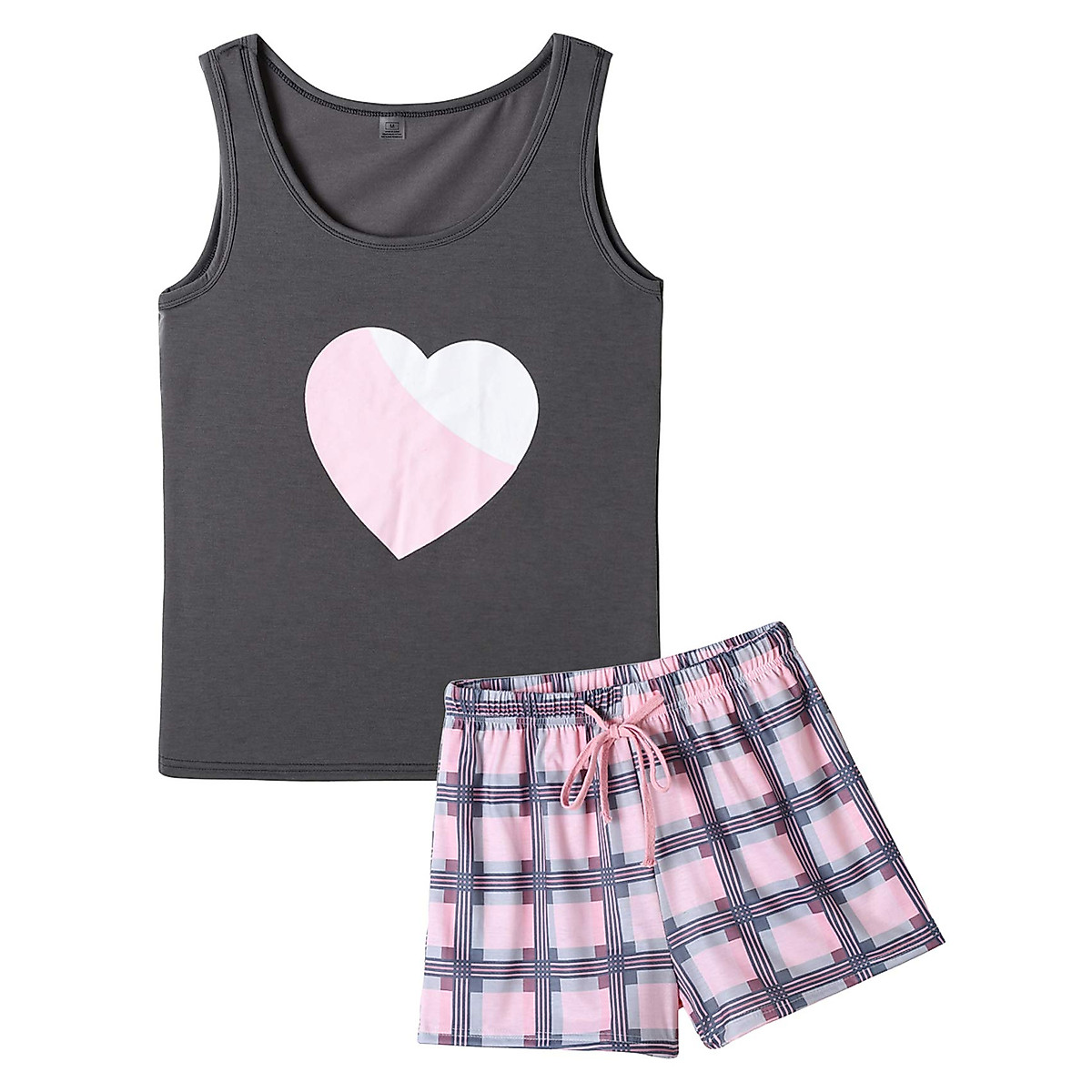 VENTELAN Women Pajamas Cute Heart Tank Top Plaid Shorts Set Summer PJS XL