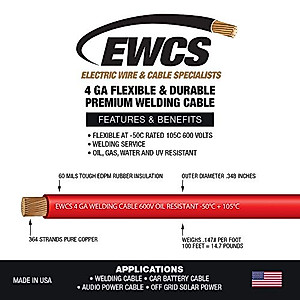 EWCS 4 Gauge Premium Extra Flexible Welding Cable 600 Volt - Red - 20 Feet - Made in the USA