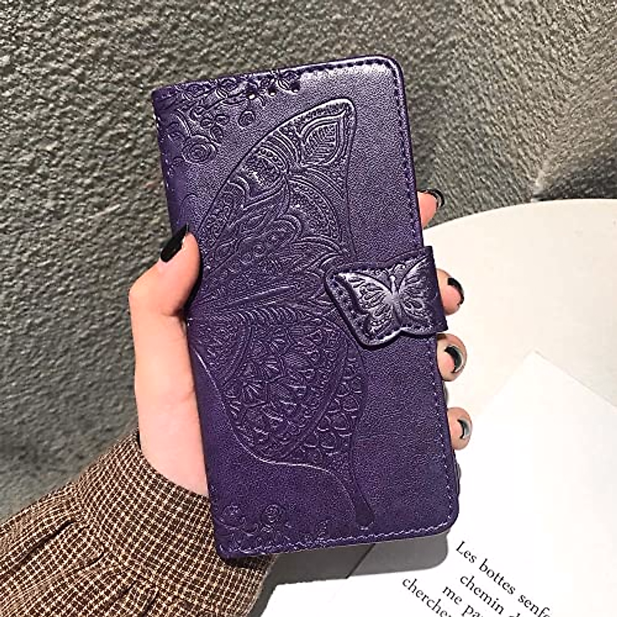 KRHGEIK Wallet Case for iPhone SE 2020/SE 2022/iPhone 8/iPhone 7,Women Butterfly Embossed PU Leather Stand Card Slots Wrist Strap Flip Folio Cover for iPhone 6/6S/7/8/SE 2nd/SE 3rd Gen (Purple)