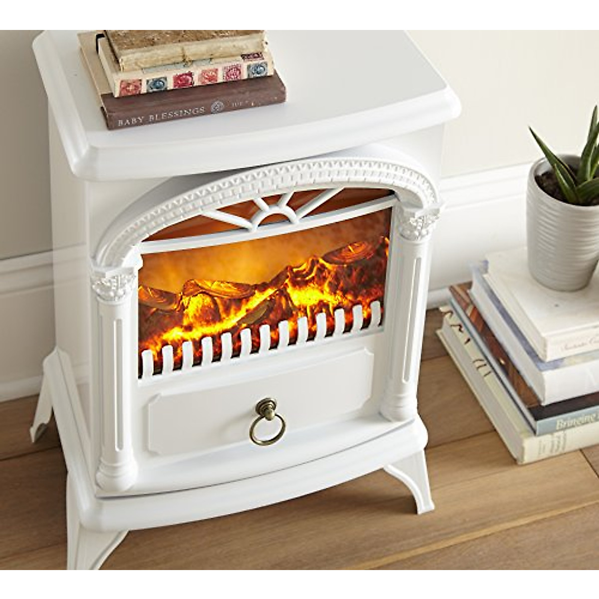 e-Flame USA Hamilton Indoor Compact Freestanding Electric Fireplace Space Heater - Realistic 3-D Wood Burning Flame (Winter White)