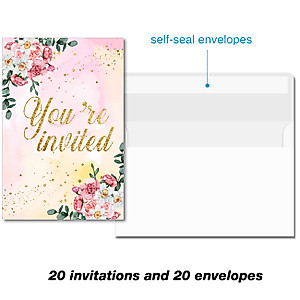 Floral Gold Foil Sweet Sixteen Birthday Party Invitations with Envelopes Set of 20 Gold Glitter Pink Flowers Sweet 16 16th Birthday Party Invites