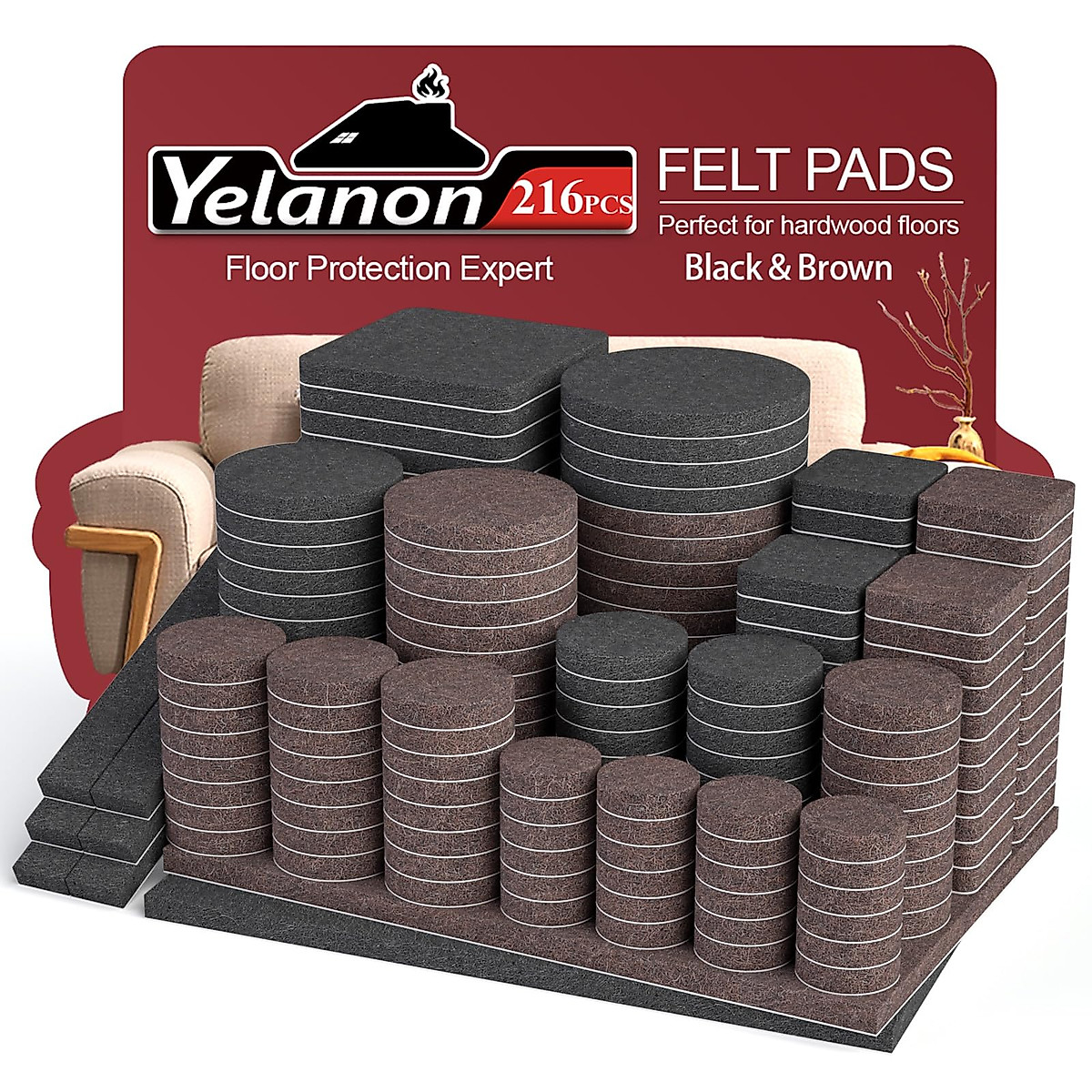 Yelanon Felt Furniture Pads for Hardwood Floors -216 Pcs Premium Felt Pads for Chair Legs, Floor Protectors for Furniture,Black & Brown