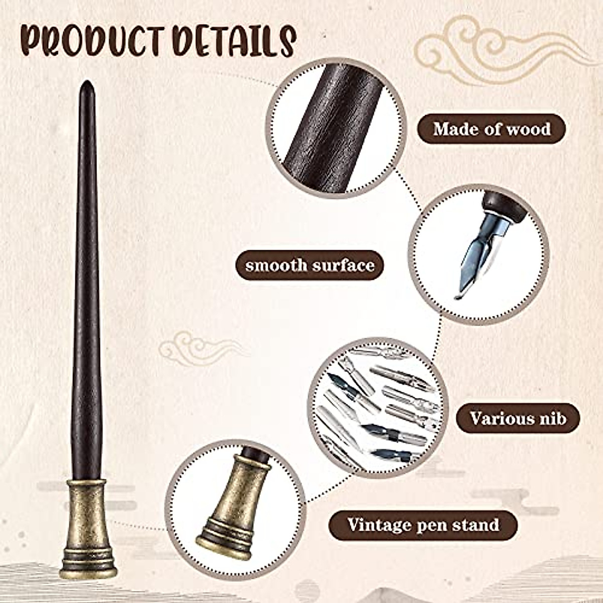 Calligraphy Pen Set Include Fountain Ink Writing Pen Wooden Fountain Pen Comic Nib Pen Refillable Pen with Pen Stand and 12 Pieces Vintage Nibs for Women Men Drawing Hand Lettering Signing