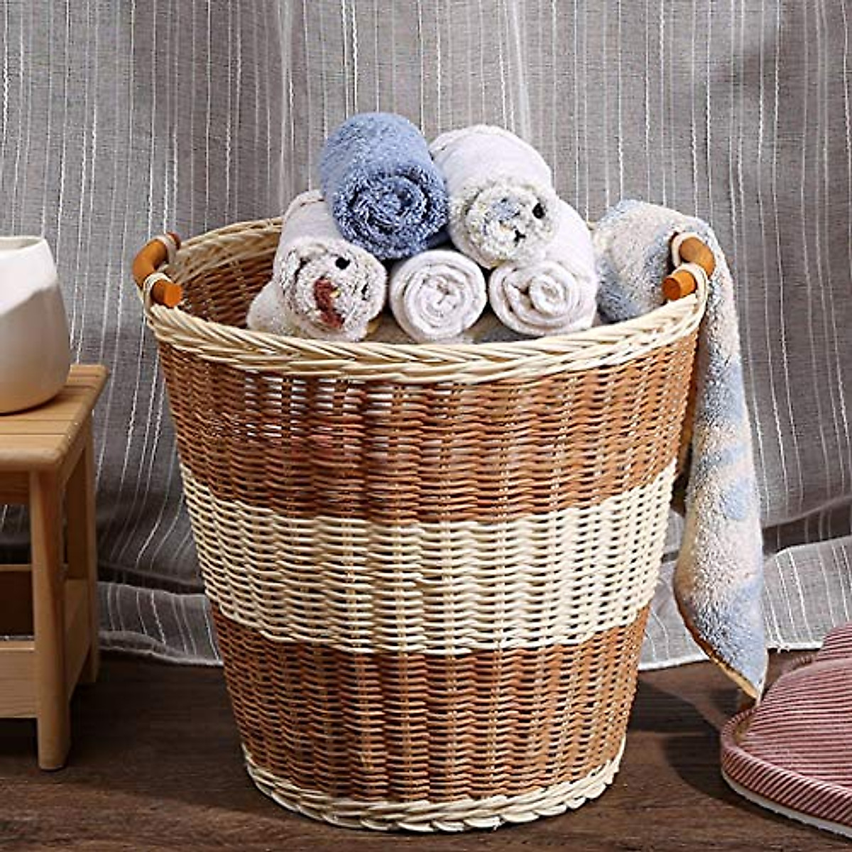 Trash can Rattan Trash Can Handmade Retro Garbage Bin for Kitchen Bathroom Office Living Room,Round Woven Waste Basket Wastebasket Bin (Color : Ax2)