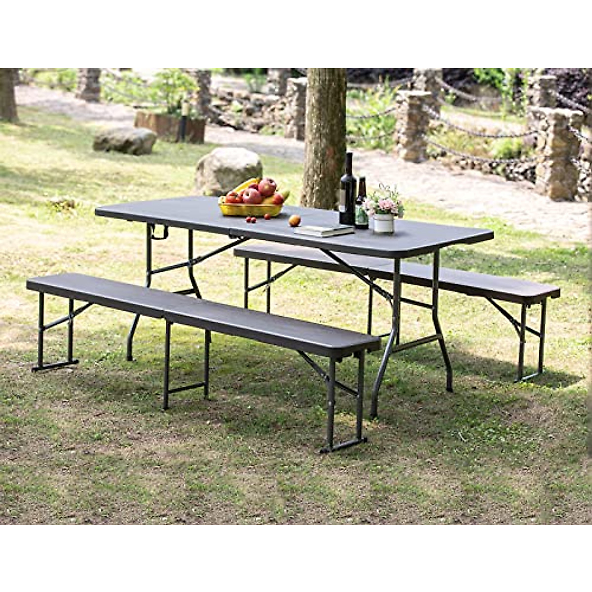Lakhow 180 6-Foot Brown Wood Grain Folding Table Indoor and Outdoor Picnic, Barbecue, Party, Portable Folding Table with Handle, 6ft