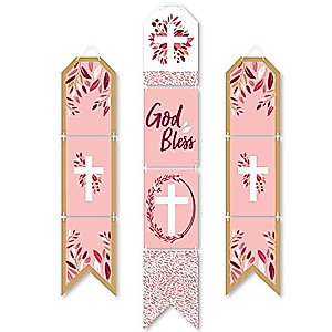 Big Dot of Happiness Pink Elegant Cross - Hanging Vertical Paper Door Banners - Girl Religious Party Wall Decoration Kit - Indoor Door Decor