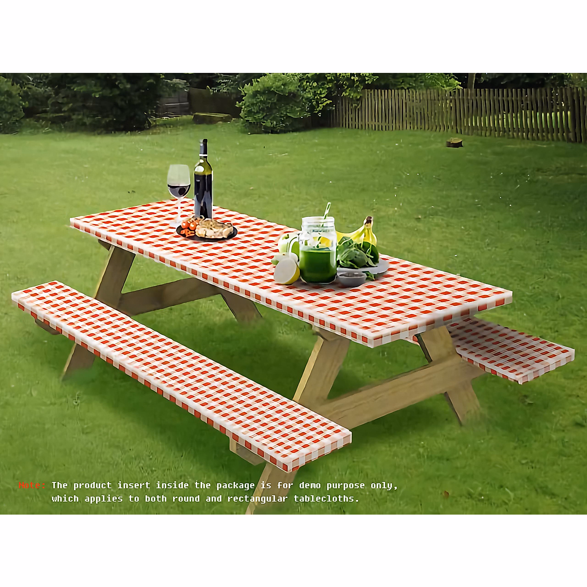 wagude Rectangle Vinyl Camping Picnic Table Cover + Benches 3-pc Set,30x72'' (6-FT) Flannel Backing Elastic Waterproof Wipeable red/White Checkered Plastic Tablecloth for Indoor Outdoor Patio Park