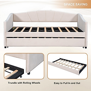 Flieks Twin Size Upholstered Daybed,Solid Wood Sofa Bed Frame Daybed Couch with Trundle Bed and Wood Slat,Beige