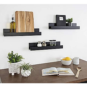 Kate and Laurel Levie Modern Floating Wood Wall Shelves, 18 inches, Set of 3, Black, Chic Picture Frame Ledges for Wall