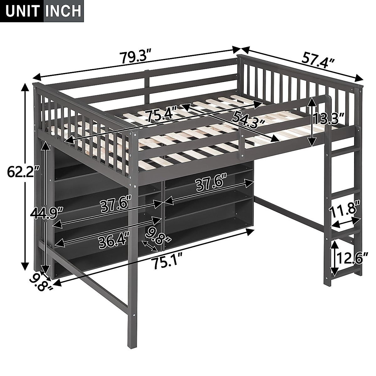 SOFTSEA Full Size Loft Bed with Storage, Solid Wood Loft Bed with Open Storage Shelves, Multi-Functional Loft Bed Frame with Ladder for Kids Boys Girls Teens, Gray