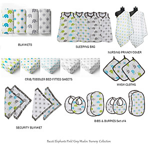 Bacati 2 Piece Elephants Muslin Crib Sheets, Blue/Grey