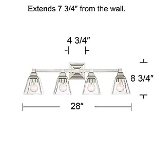 Regency Hill Mencino Mid Century Modern Wall Light Satin Nickel Silver Metal Hardwired 28" Wide 4-Light Fixture Clear Glass Cone Shade for Bathroom Vanity Mirror House Home Room Decor