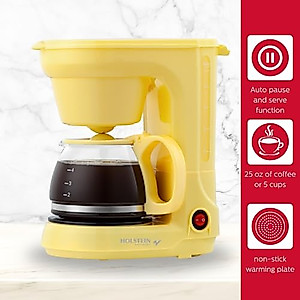 Holstein Housewares - 5 Cup Drip Coffee Maker - Convenient and User Friendly with Permanent Filter, Borosilicate Glass Carafe, Water Level Indicator, Auto Pause/Serve and Keep Warm Functions,Yellow