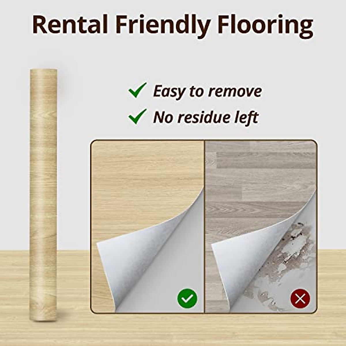 Vinyl Flooring Roll 24x118〞(19.4 Sq.Ft), Self-Adhesive Peel and Stick, Wood Grain Look, for Bathroom, Kitchen, Bedroom, RV