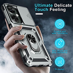 Janmitta Compatible with OnePlus Nord N30 5G Case Built in Slide Camera Lens Cover+Screen Protector+Finger Ring Holder Kickstand,Heavy Duty Shockproof Full Body Protective Phone Cover,2023 Silver