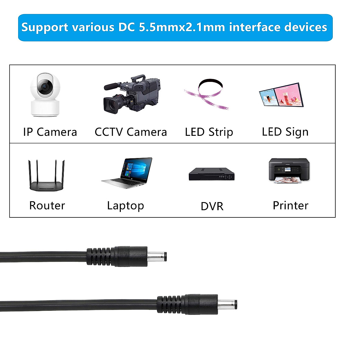 GINTOOYUN DC to DC Cable,3FT 18AWG DC 5.5MM x 2.1MM Male to Male Plug Power Adapter Cable for LED, CCTV, Car, Monitors,etc(2 Pcs)