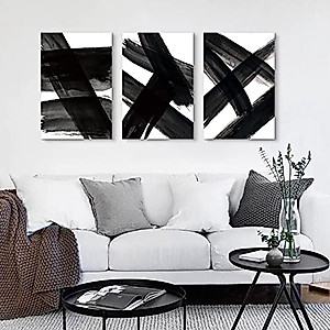 ArtbyHannah Black and White Abstract Canvas Wall Art with Strokes Abstract Shapes Illustrations Modern Art Prints for Living Room Bedroom Decoration - 3 Panels 16x24 inch