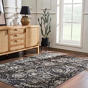 BoutiqueRugs Owatonna Traditional Floral Area Rug - Oriental Damask Patterned Rug for Living Room, Bedroom, Dining Room - Black, Charcoal, Sage - 4'3" x 5'7"
