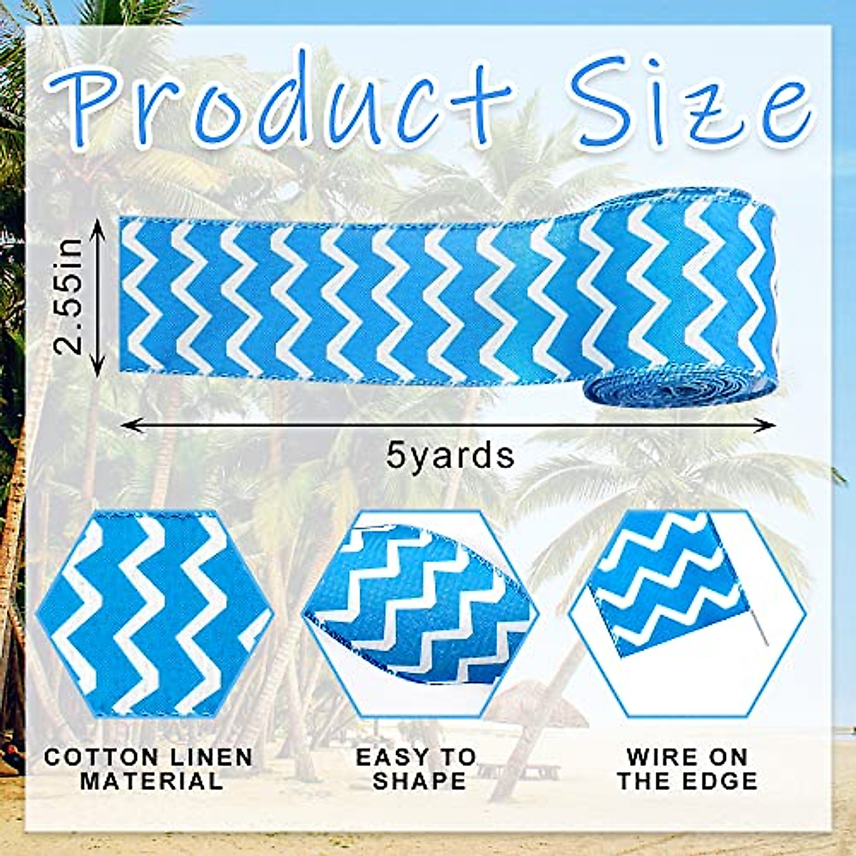 2pcs Summer Fabric Ribbons Summer Sea Ocean Wave Strips Ribbons Marine Animals Starfish Ribbon for Summer Party Gift Wrapping Outdoor Hanging Party Decoration Supplies (2.5 Inch * 5 Yards * 2 Rolls)