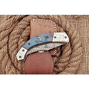 HUNTEX Custom Handmade Hand-Forged Twist Pattern Damascus Steel 4 Inch Long Natural Tinted Camel Bone Handle Razor Sharp Hunting Camping Folding Pocket Trailing Knife with Genuine Leather Pouch
