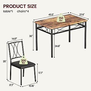 IDEALHOUSE Dining Table Set for 4, Kitchen Table and Chairs, Rectangular Dining Room Table Set with 4 Upholstered Chairs, 5 Piece Dining Table Set for Small Space, Apartment, Rustic Brown
