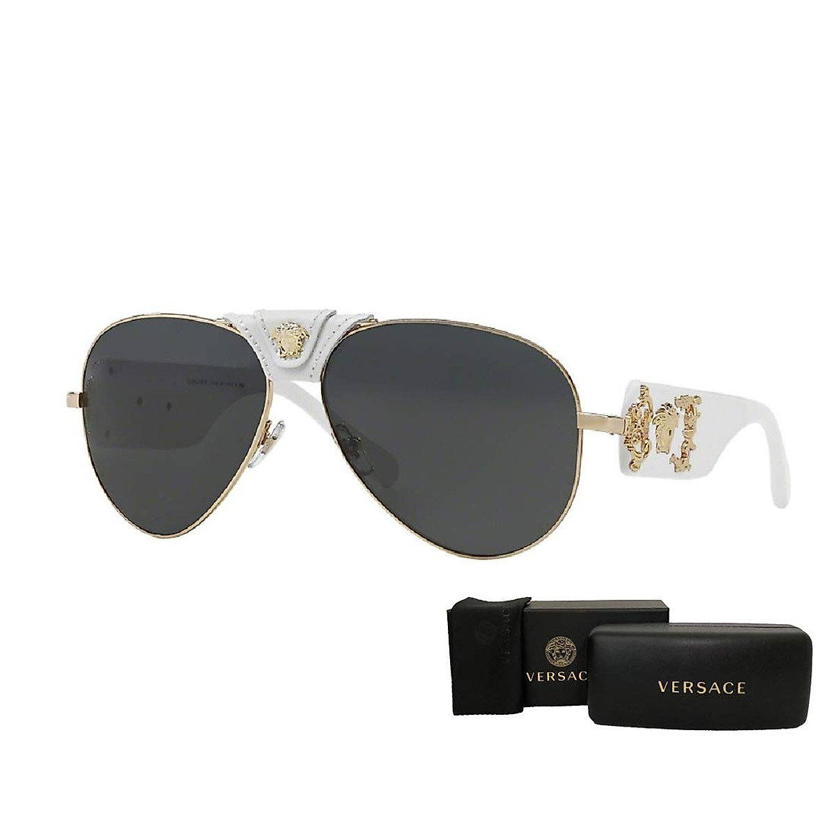 Versace VE2150Q 134187 62M Gold/Grey Pilot Sunglasses For Men For Women + BUNDLE with Designer iWear Eyewear Kit