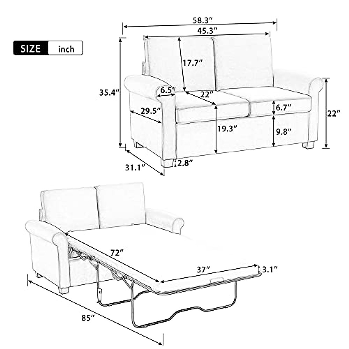 Voohek Sofa Bed, Pull, Upholstered Couch Sleeper, Armchair, for Living Room, Small Spaces, Apartment, Gray