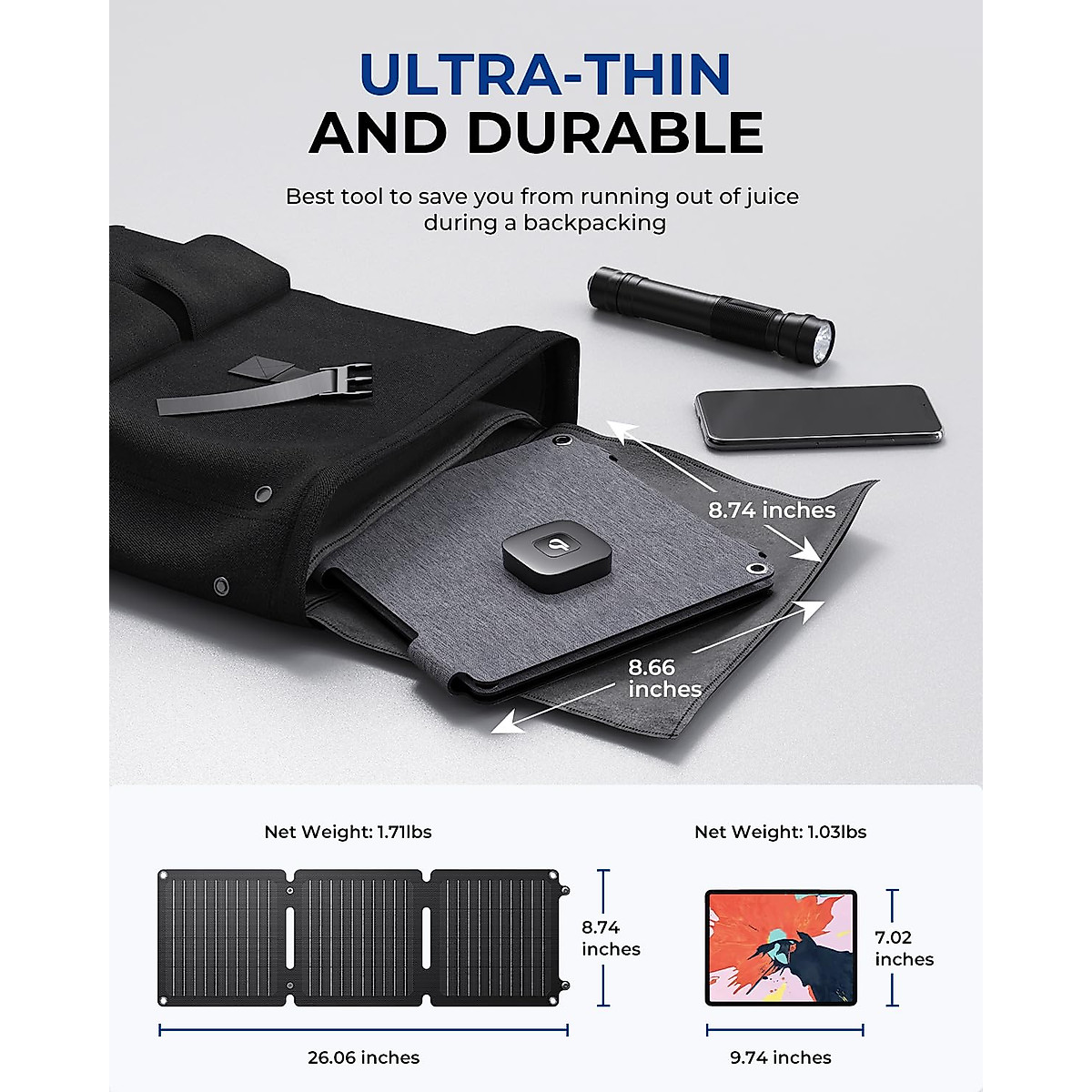 [Ultra-Fast Charging] BigBlue 20W ETFE Solar Charger with Kickstand, SolarPowa 20 Portable Solar Panel Charger with USB-A and USB-C, IP65 Waterproof, Compatible with iPhone, iPad, Samsung, LG etc.