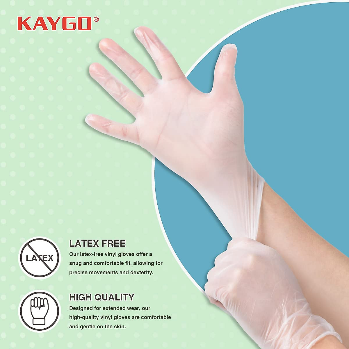 KAYGO Disposable Vinyl Gloves, 100 pack Powder Free Latex Free, 3 Mil,Idea for Home, Cleaning and Food, Clear, KG310,L