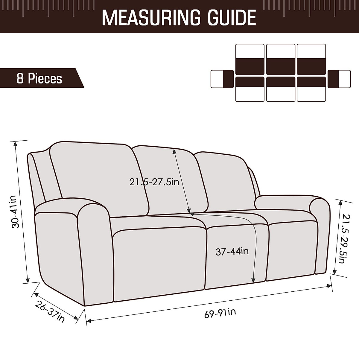TAOCOCO Recliner Couch Covers for 3 Seat, 8-Pieces Stretch Large Couch Covers for 3 Seats Reclining Slipcovers Soft Jacquard Pattern Furniture Protector, Chocolate