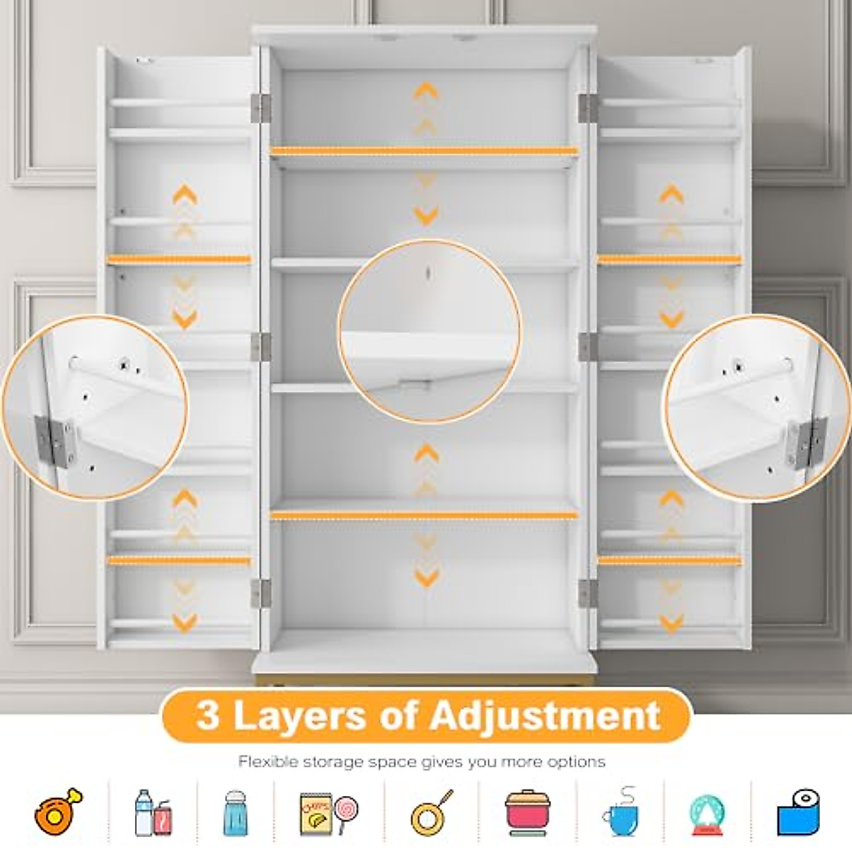 kepptory 51” Pantry Cabinets, White Freestanding Kitchen Pantry Storage Cabinet with Adjustable Shelves, Buffet Cupboards Storage Cabinet for Home Office Use, White + Gold