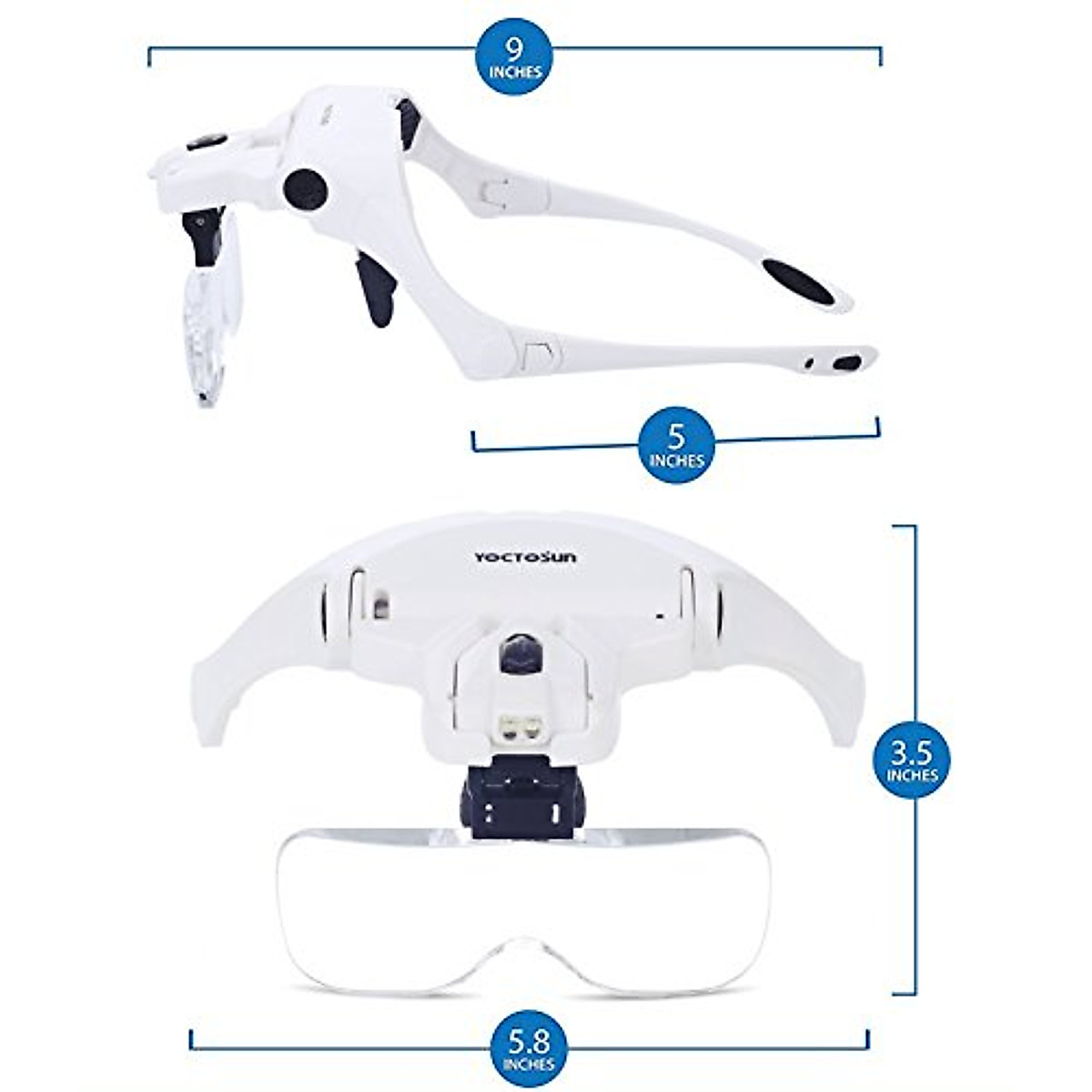 YOCTOSUN Head Mount Magnifier with 2 Led Professional Jeweler's Loupe Light Bracket and Headband are Interchangeable