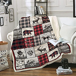 Wolf Bear and Deer Throw Blanket Rustic Cabin Decor Woodland Blanket Plaid Christmas Blanket Gifts for Women Southwestern Farmhouse Decor for Couch Bed Livingroom