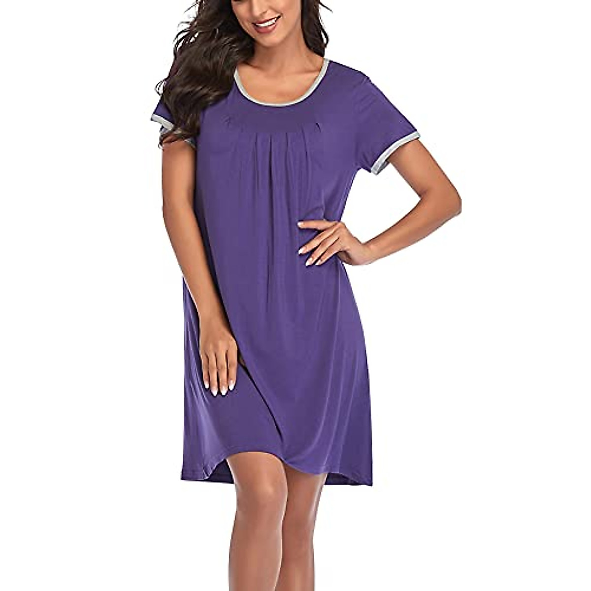 COLORFULLEAF Women's Nightgown Short Sleeve Nightshirt Sleep Shirt Comfy Sleepwear Pleated Scoopneck Sleepshirt (Dark-purple, S)