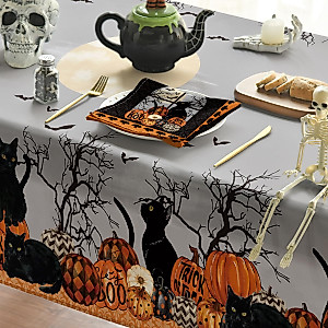 Horaldaily Halloween Tablecloth 60×84 Inch Rectangular, Buffalo Plaid Pumpkin Moon Cat Washable Table Cover for Party Picnic Dinner Decor
