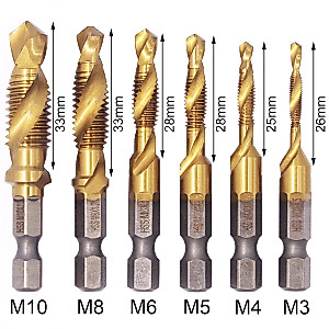 Wolfride 6PCS Tapping Drill Bit Set Metric Drill Tap Combination Bit Set M3 M4 M5 M6 M8 M10 Spiral Tap Drill Bit