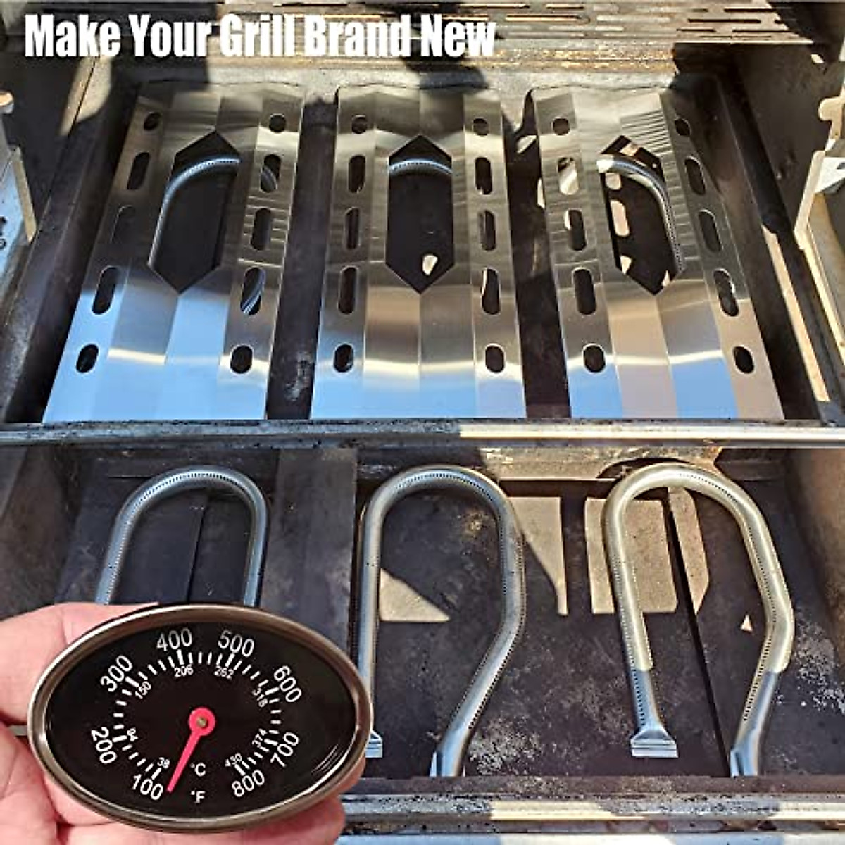 Hisencn Repair Parts for Costco Kirkland 720-0108, Nexgrill 720-0011, 720-0047-U Gas Grills, Replacement Stainless Steel Burner Tube, Heat Plate Tent, Temp Gauge Heat Indicator 22551, NGB1, NGSHP3