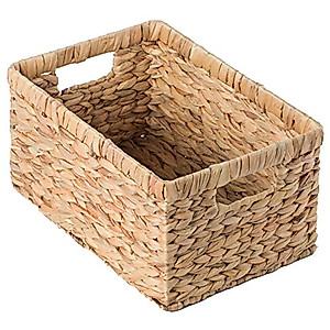 Natural Woven Water Hyacinth Wicker Rectangular Storage Bin Basket with Handles, Medium