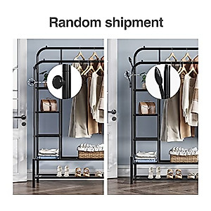 JOISCOPE Double Rods Portable Garment Rack for Hanging clothes, 49 * 66 Inch Metal Clothing Rack with Bottom Shelves and 4 Hooks,Freestanding Clothes Rack for Bedroom,Space Saving, Black