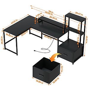GreenForest 70" L Shaped Desk with Power Outlets & Printer Shelf,Reversible Computer Desk with Drawer & Monitor Stand,Home Office Gaming Desk with Storage Space,Black