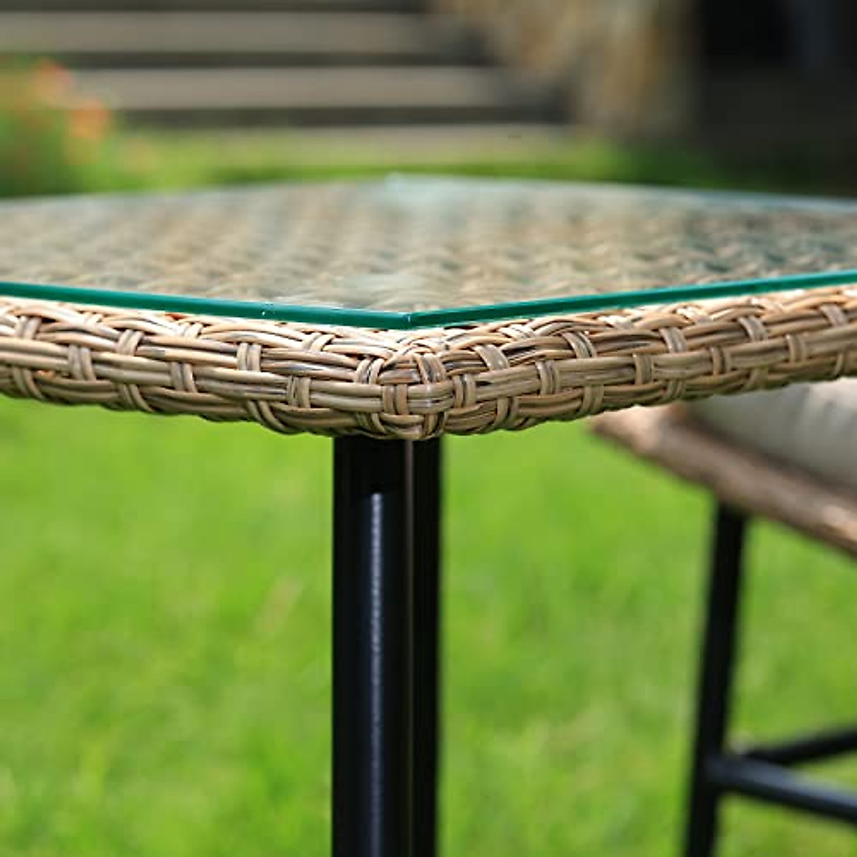 Idzo Caline Large Rattan Bistro Set Outdoor 3 Piece with Glass Side Table, Premium Olefin Thick Cushion, Upgraded 2000Hrs UV Resistant Wicker for Patio Use, Papasan Chair Design